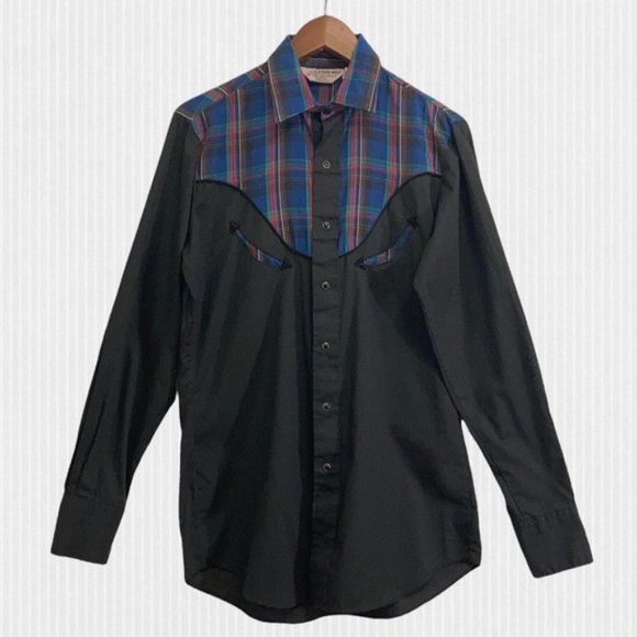 Vintage | Shirts | Vintage Western Style Cowboy Black Plaid Shirt ...